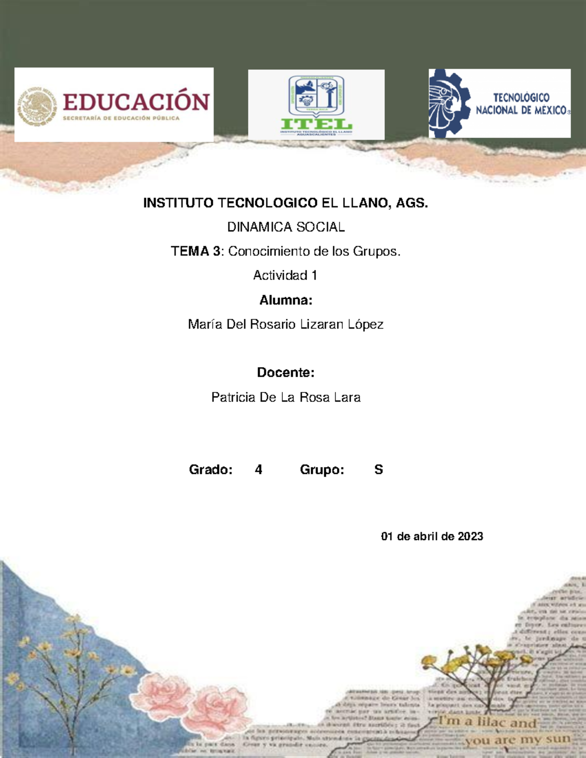 TEMA 3 Actividad 1 - clasificación de grupos - INSTITUTO TECNOLOGICO EL LLANO, AGS. DINAMICA ...