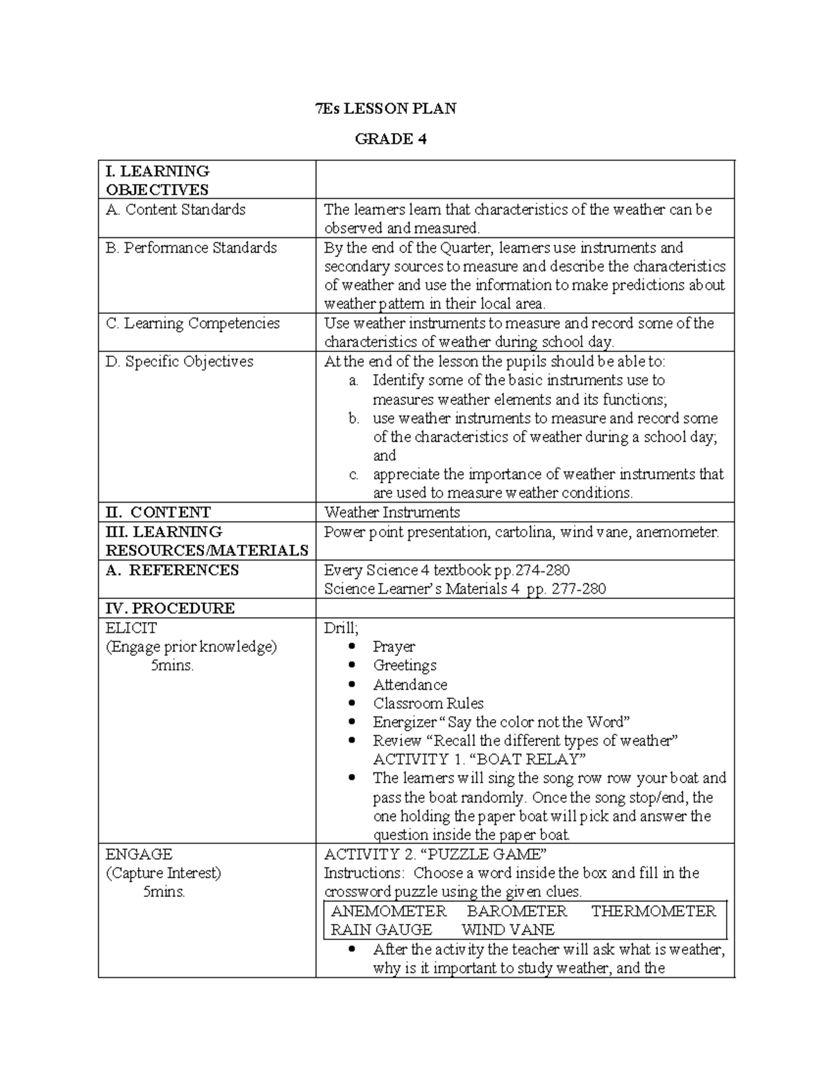 Weather Instruments Lesson Plan (Grade 4) - Studocu