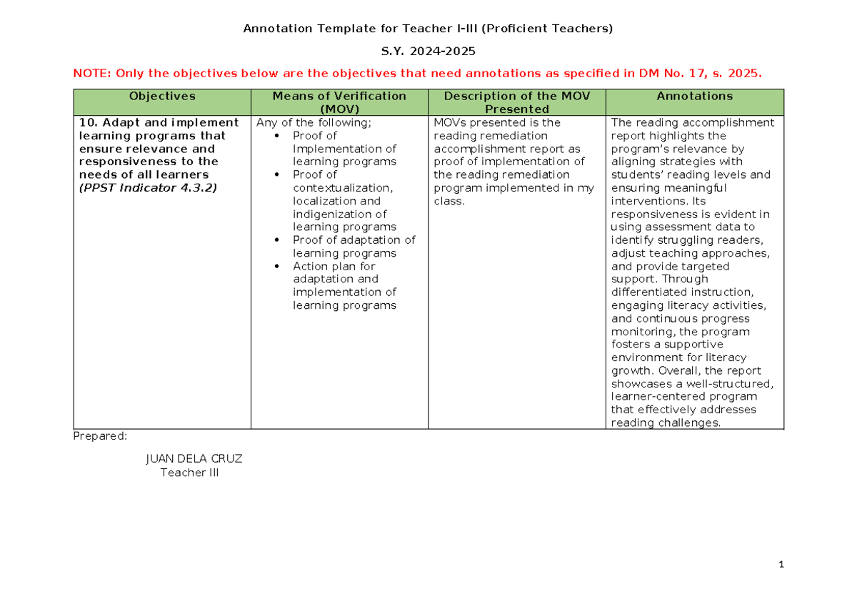 Annotation Template for Teacher I-III (Proficient Teachers) - Studocu
