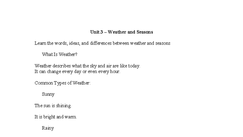 Unit 3 Weather and Seasons: Key Concepts and Vocabulary - Studocu
