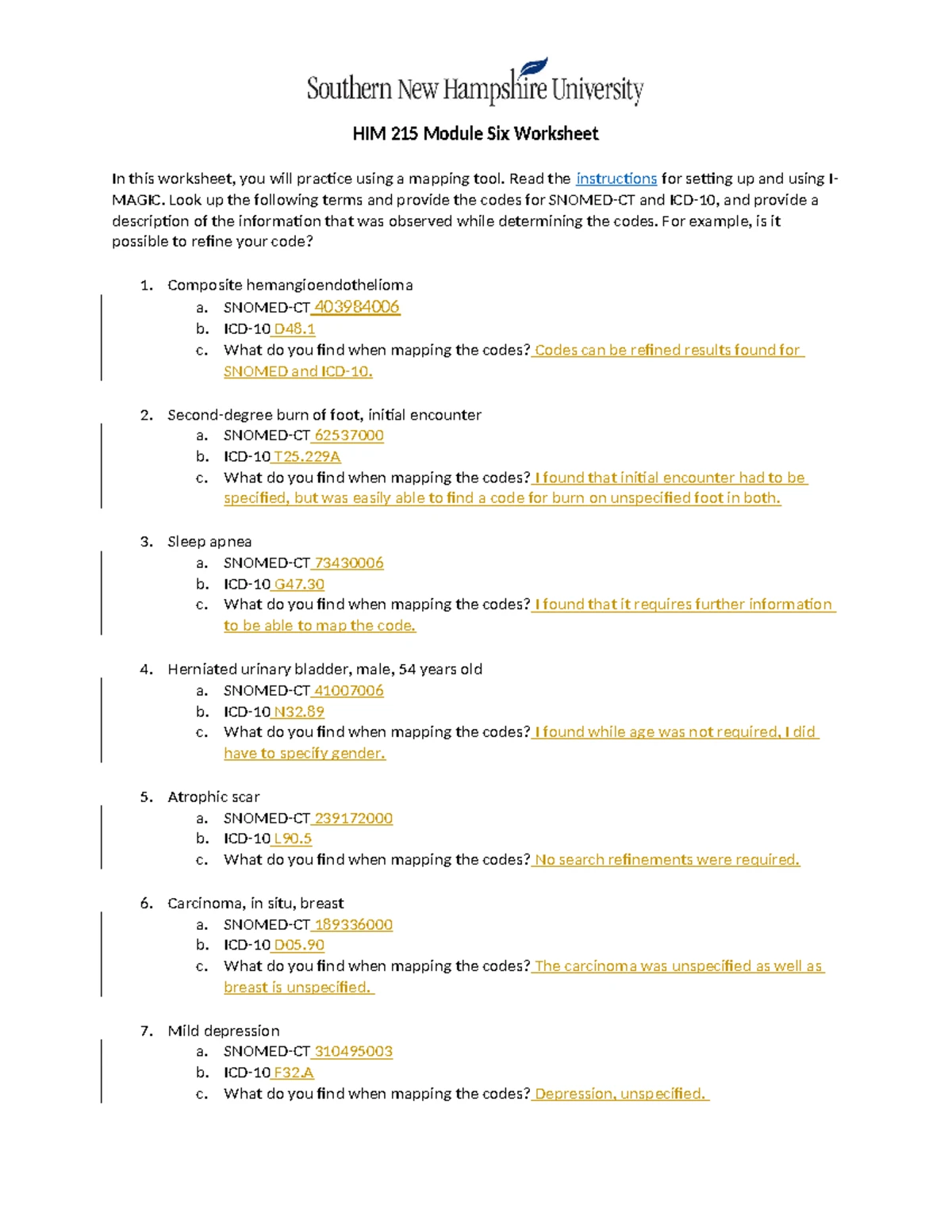 HIM 215 Module 6 Worksheet: Coding with SNOMED-CT & ICD-10 - Studocu