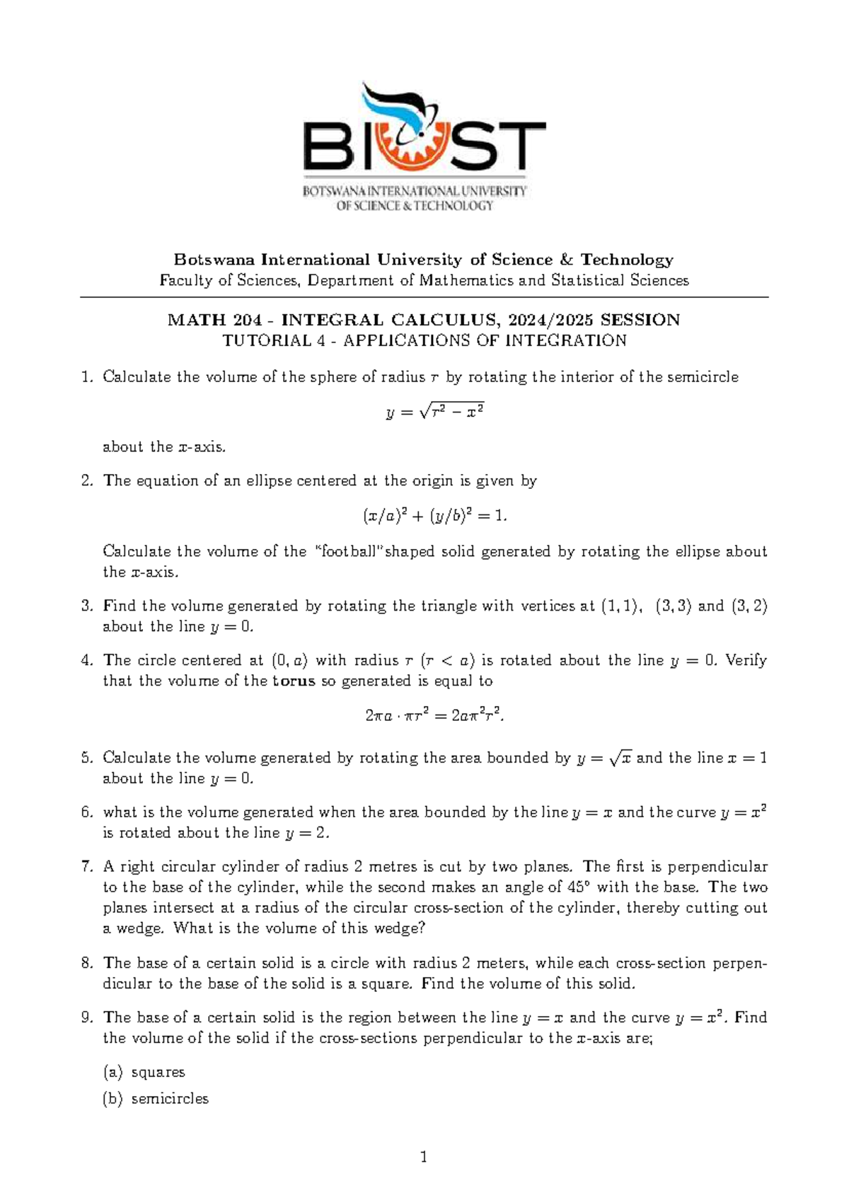 MATH 204 Integral Calculus - Tutorial 4: Applications of Integration ...