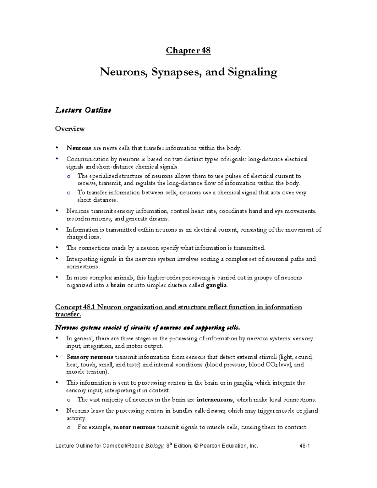 Biology 8: Chapter 48 Lecture Outline on Neurons & Synapses - Studocu