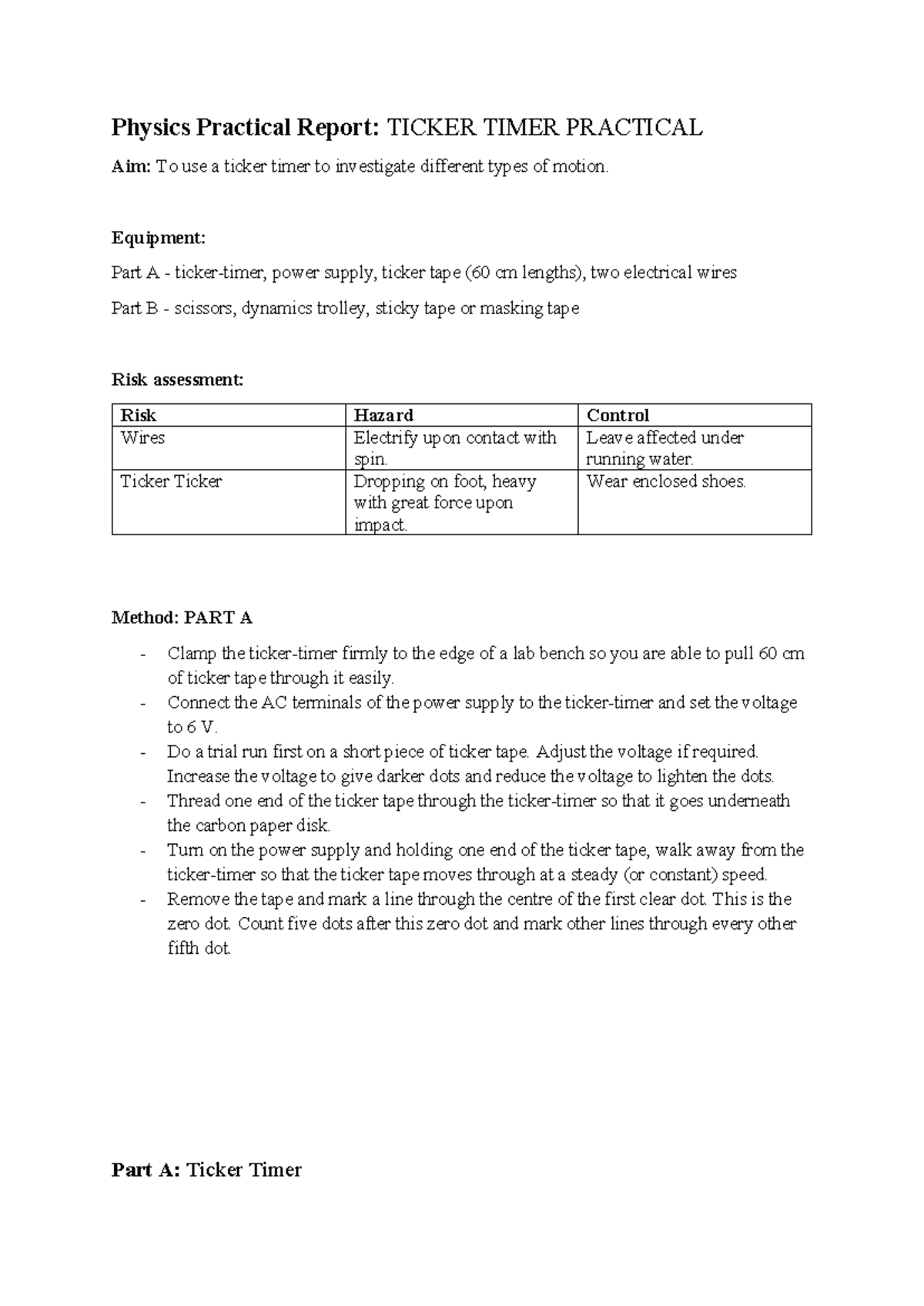 Ticker Timer Practical Report - Physics Experiment Analysis - Studocu