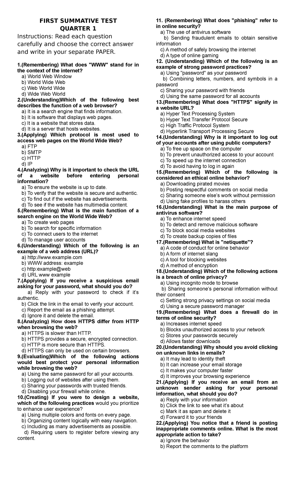 First Summative Test - FIRST SUMMATIVE TEST QUARTER 1 Instructions ...