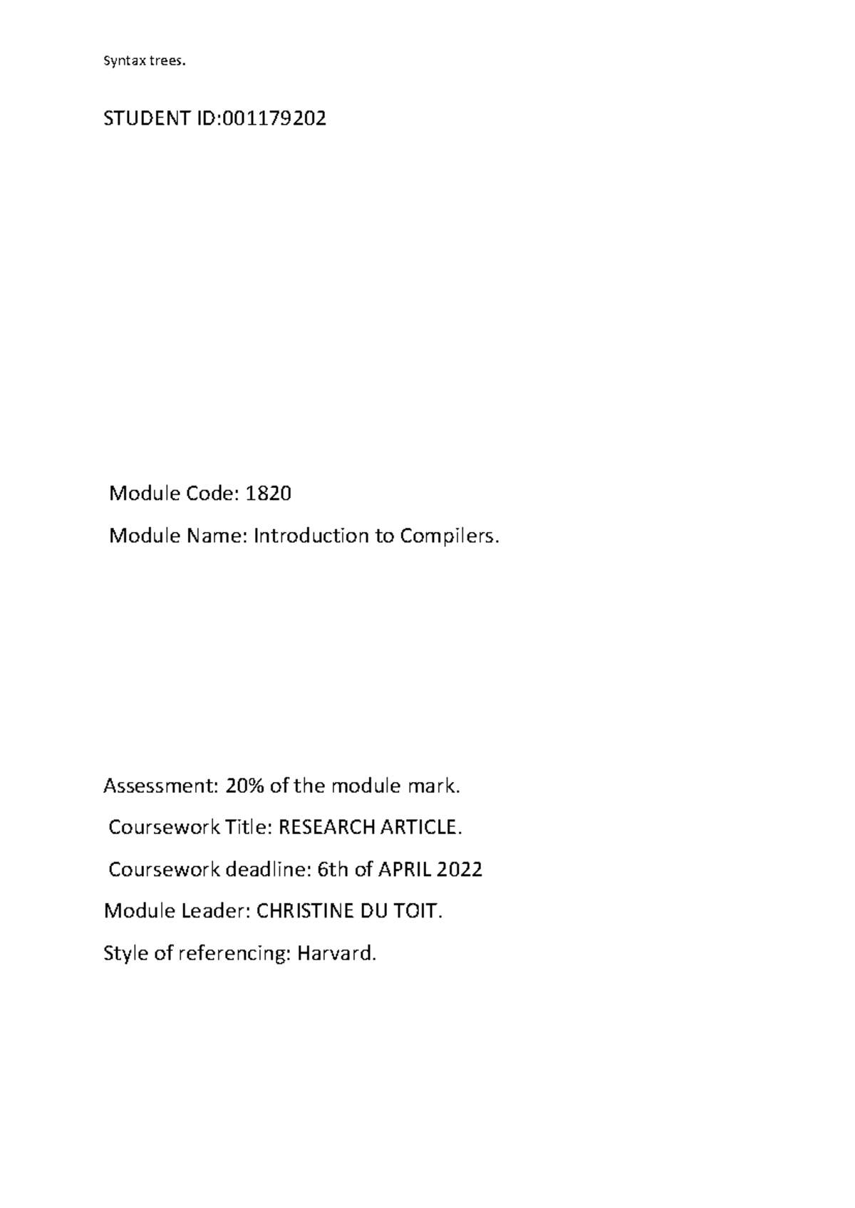 001179202 compilers coursework - STUDENT ID: Module Code: 1820 Module ...