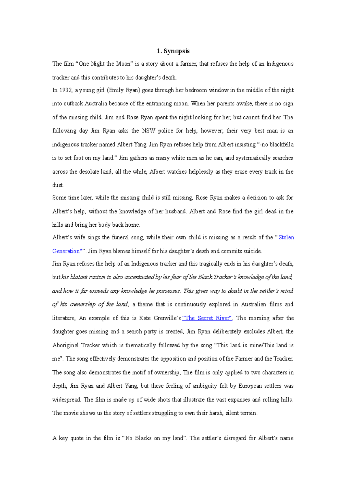 One Night the Moon_ Summary of Techniques - 1. Synopsis The film “One ...