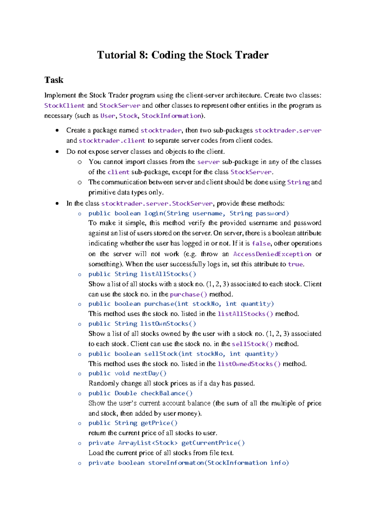 Tut8 - tut 8 se1 - Tutorial 8 : Coding the Stock Trader Task Implement ...