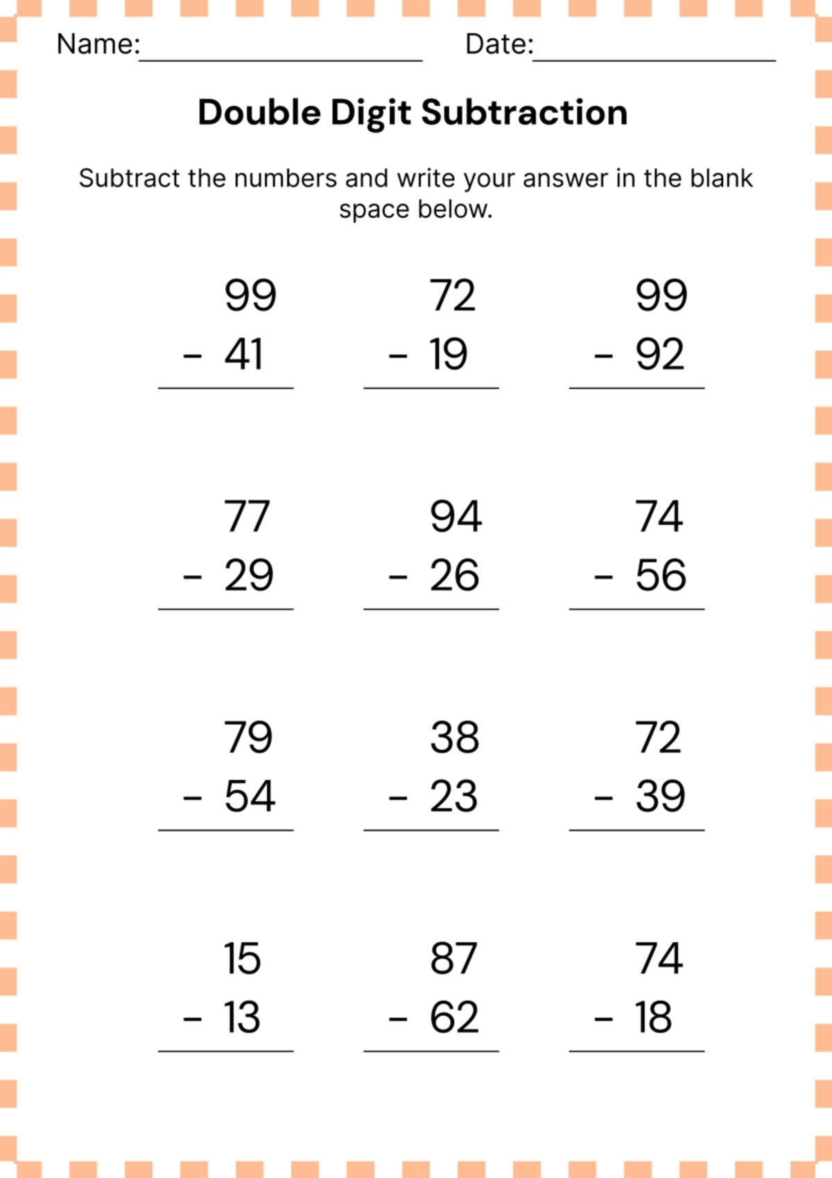 Double-Digit Subtraction Practice Worksheet – Version 2 - Name: Date ...