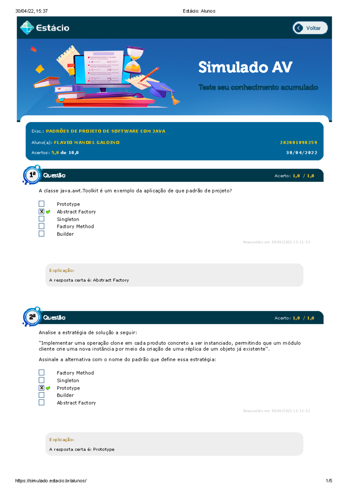 Simulado do Projeto JAVA - Estácio Alunos - Conhecimentos em Padrões de Projeto - Studocu