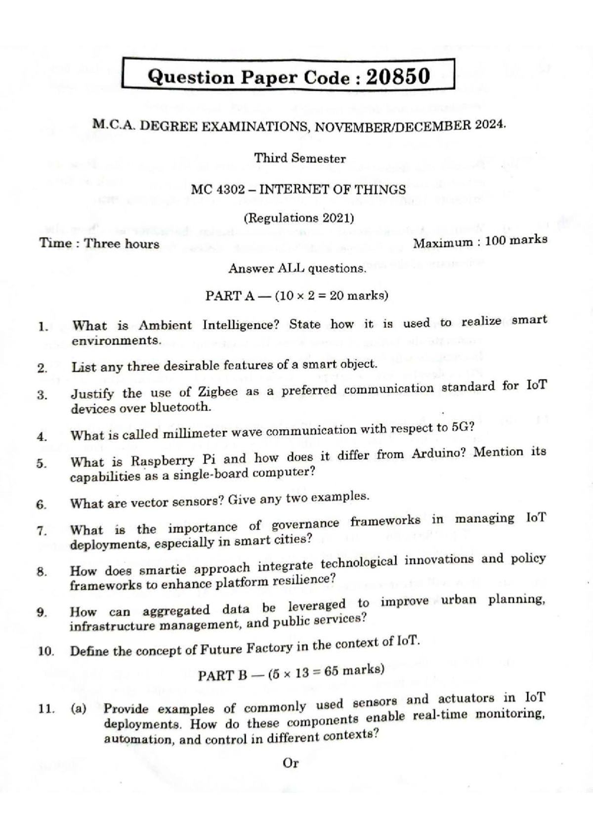 IOT - MC 4302 Third Sem Exam QP - Nov Dec 2024 - Studocu
