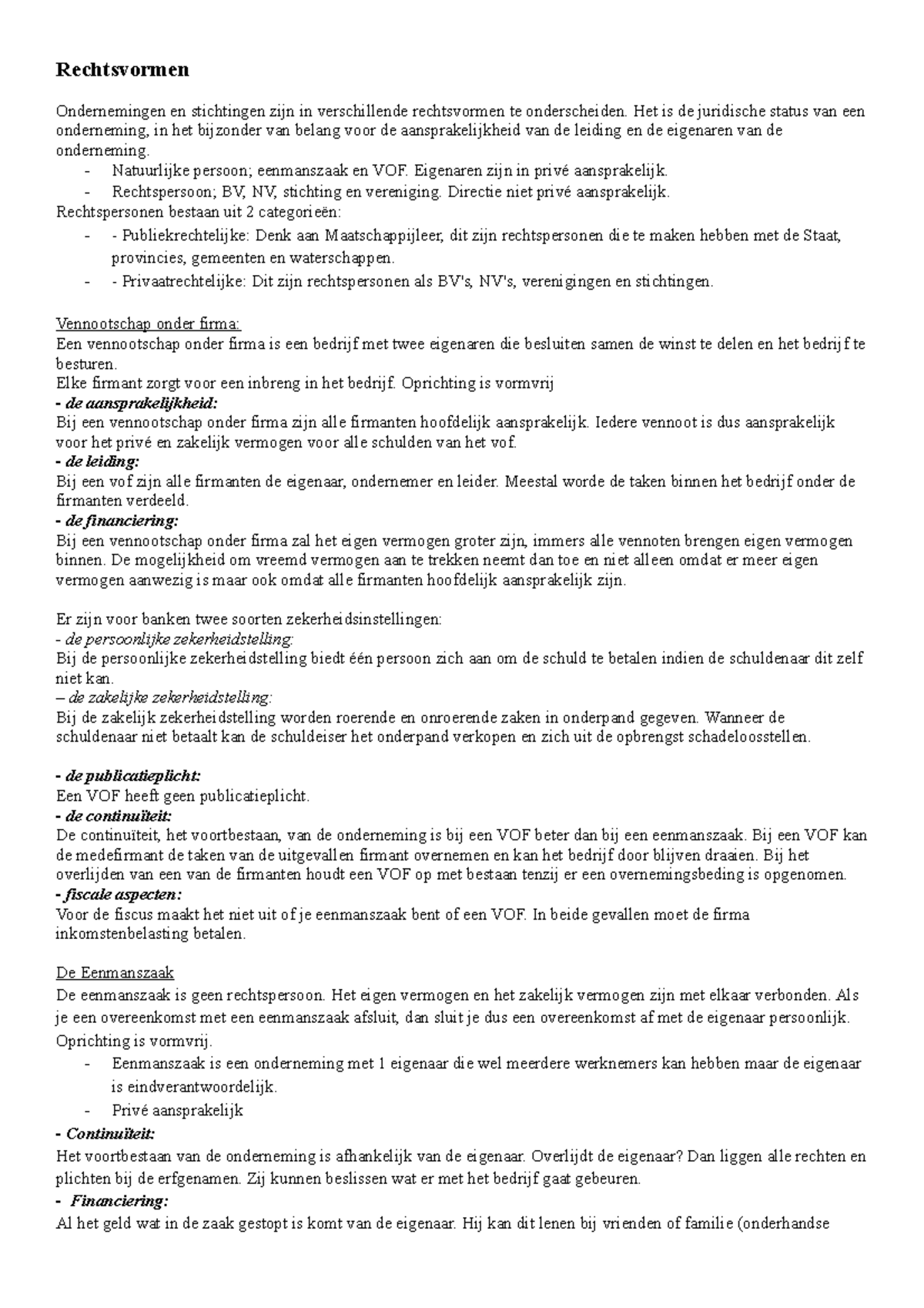 Rechtsvormen van Ondernemingen en Stichtingen: Ova 2 Samenvatting ...