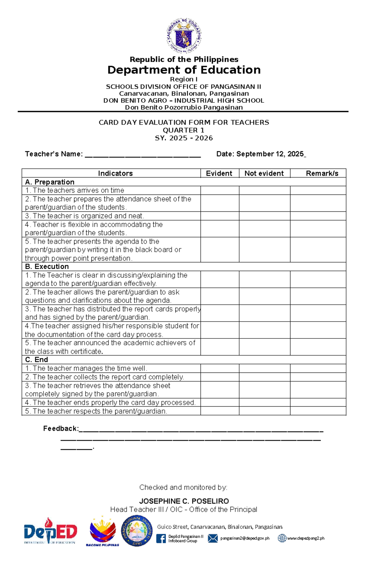 CARD DAY Evaluation Form for Teachers SY 2025-2026 - Studocu