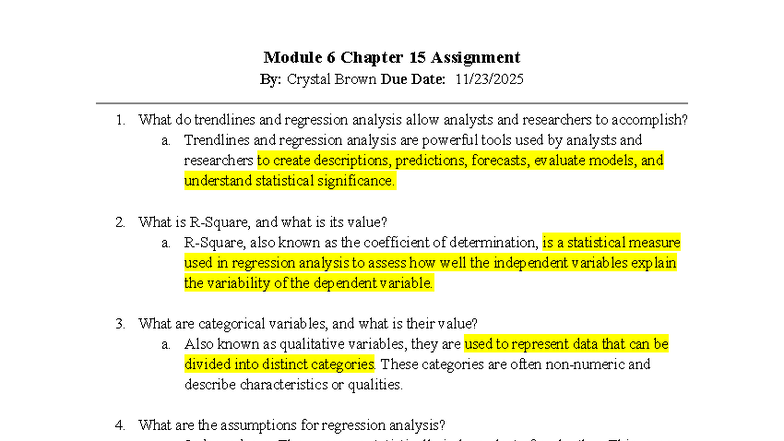 Module 6 Chapter 15 Assignment: Understanding Trendlines & Regression Analysis - Studocu