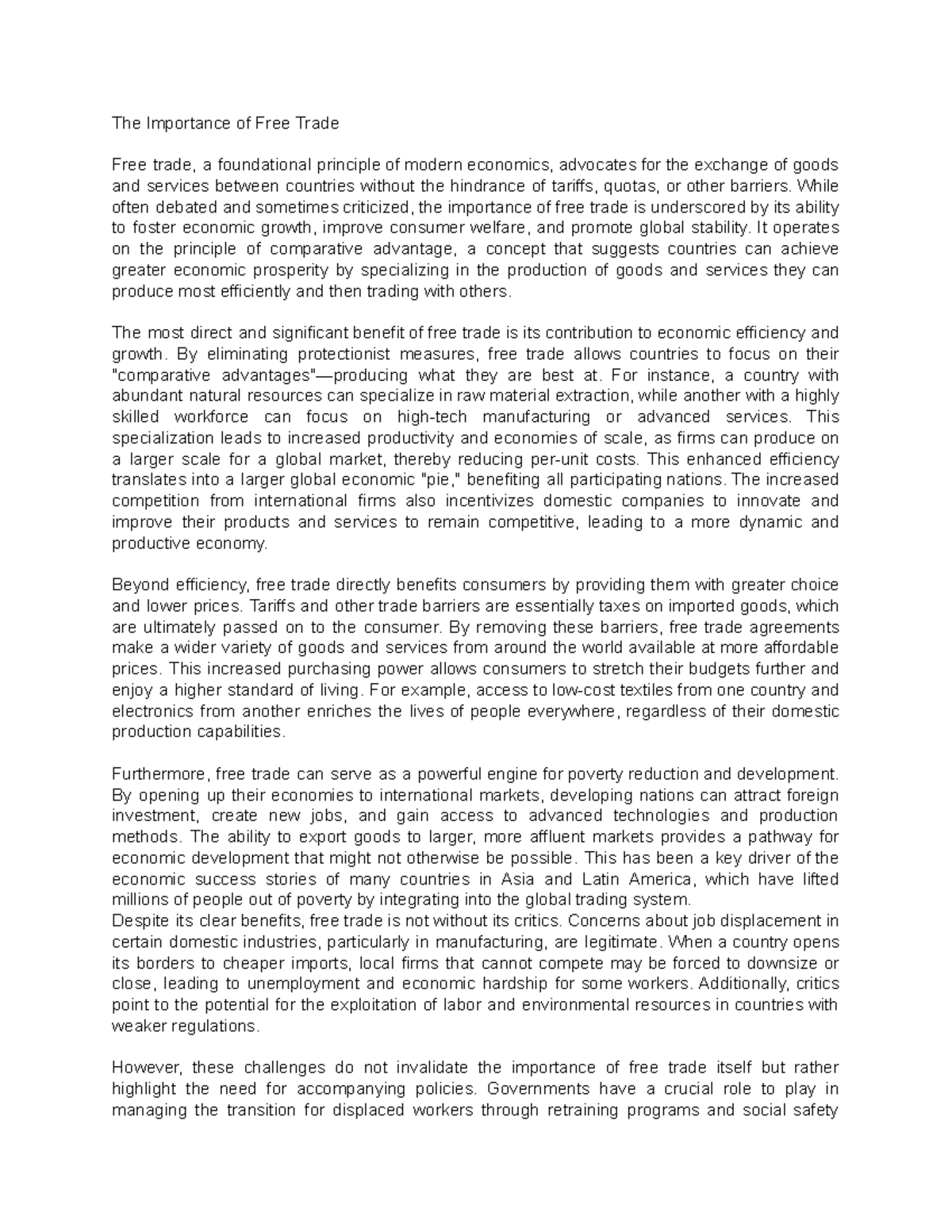 The Significance of Free Trade in Global Economics - Studocu