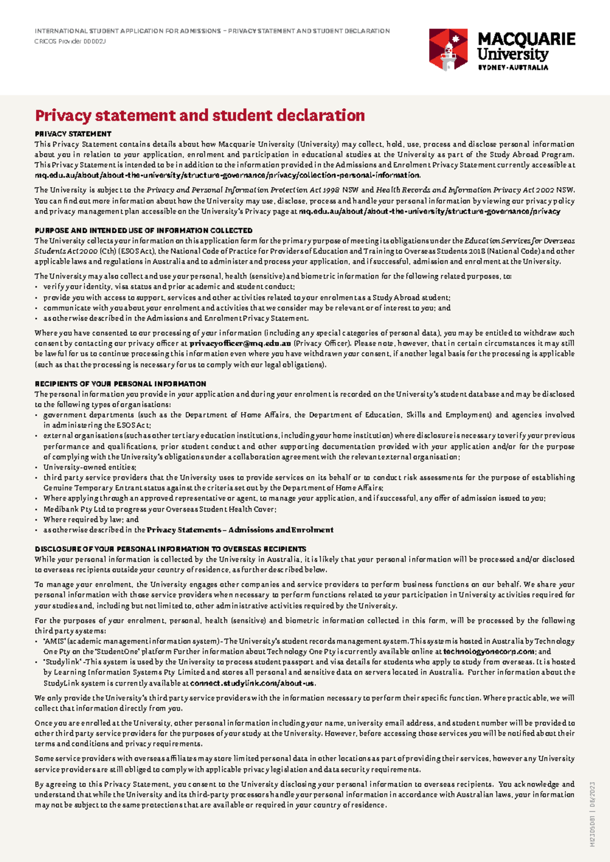 MQ Privacy Statement & Student Declaration for Int'l Students - Studocu