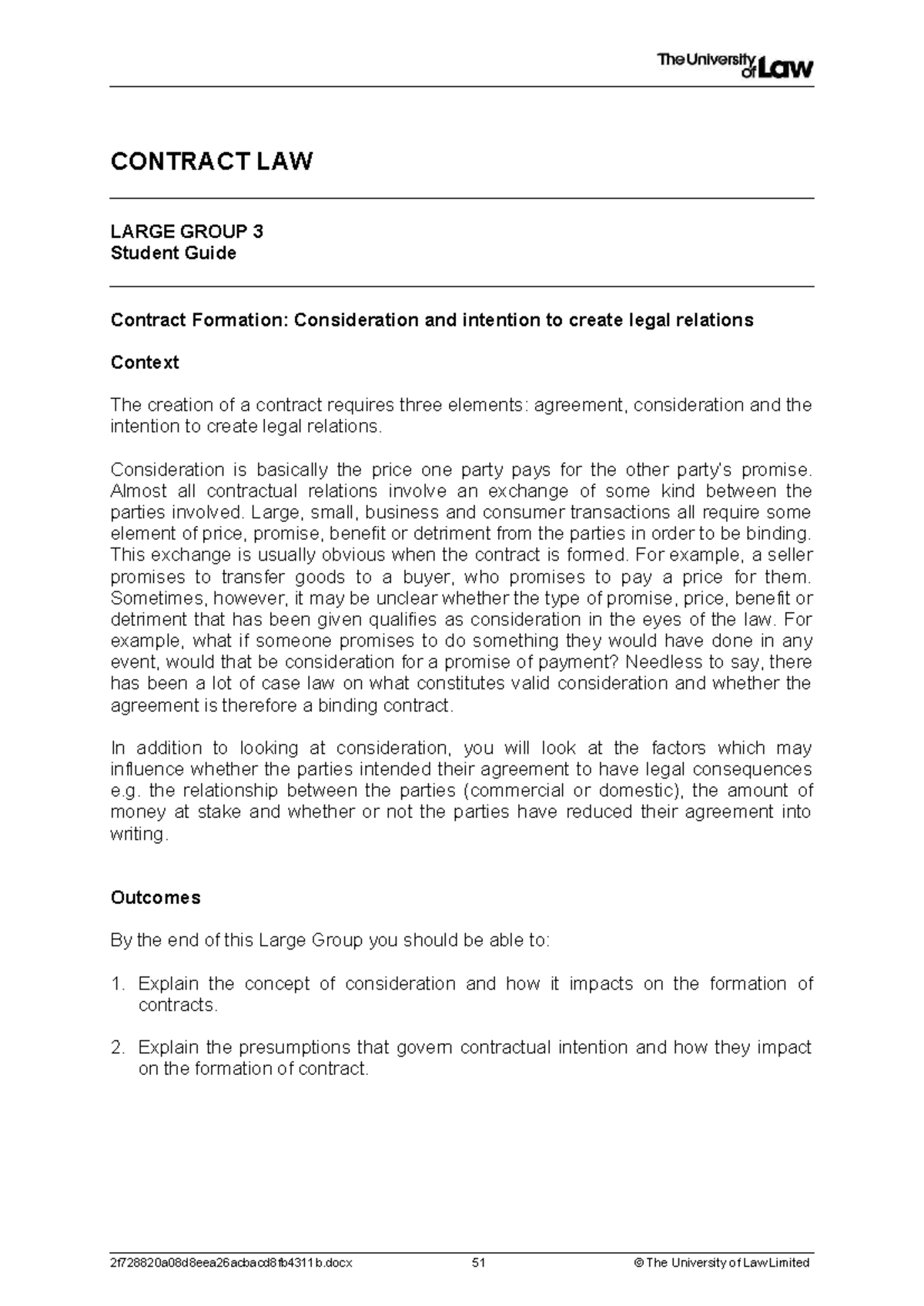 CONTRACT LAW LARGE GROUP 3 Student Guide: Consideration & Intention ...