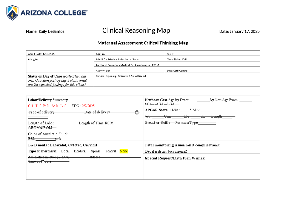 Critical Thinking Map #1: Maternal Assessment & Care Analysis - Studocu