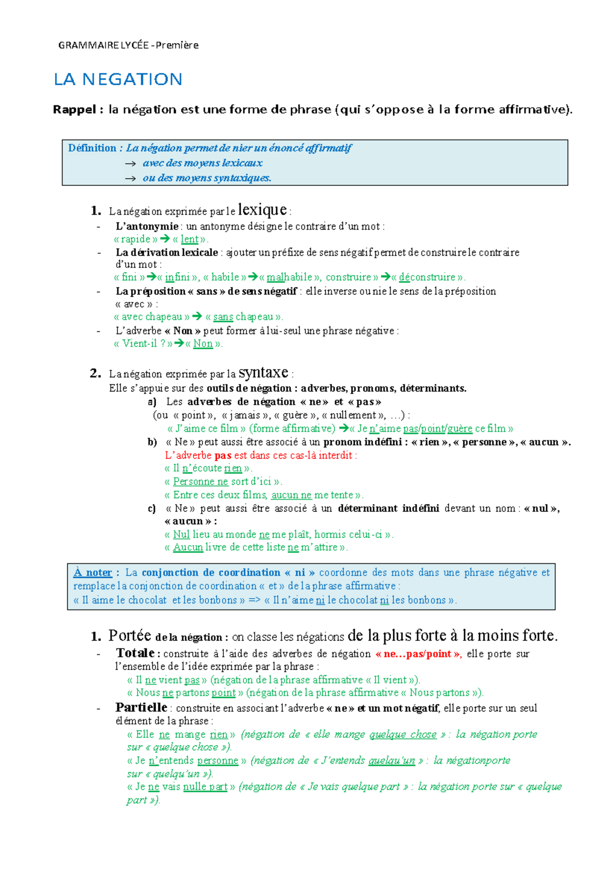 Fiche de Grammaire LYCÉE Première : La Négation et ses Formes - Studocu