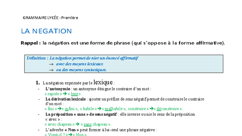 Fiche de Grammaire LYCÉE Première : La Négation et ses Formes - Studocu