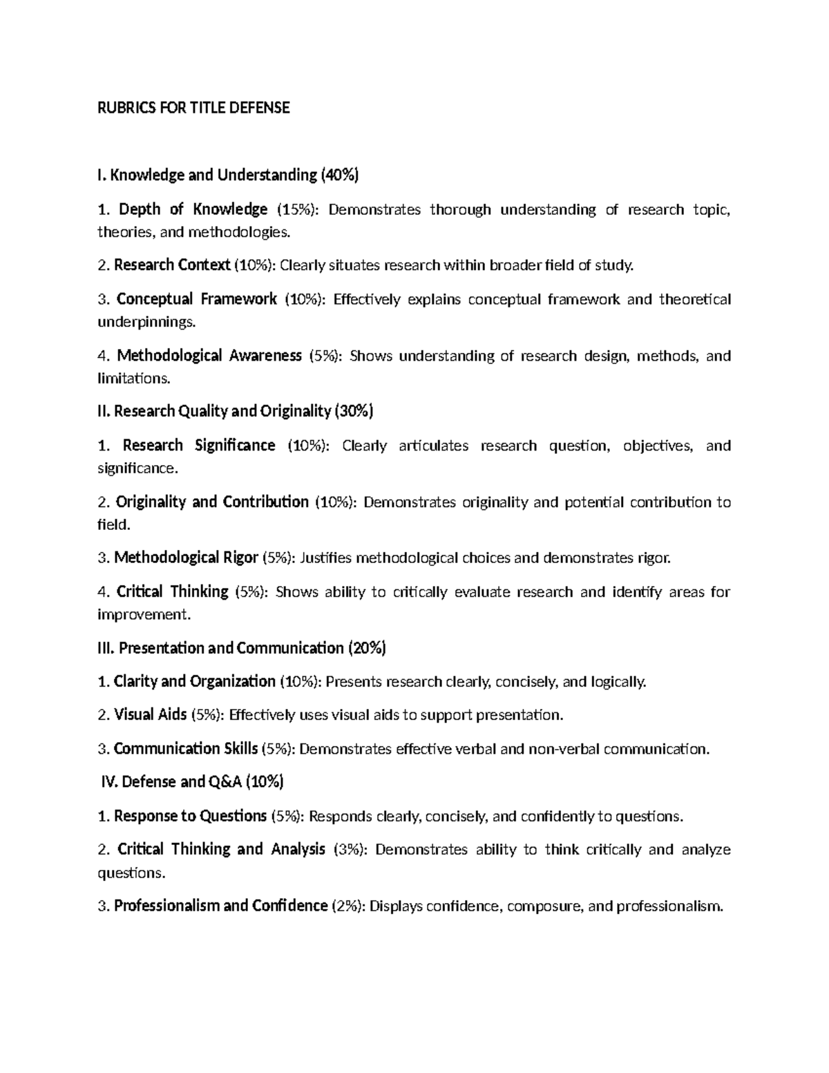 RUBRICS FOR TITLE DEFENSE: Evaluation Criteria and Sample Questions ...