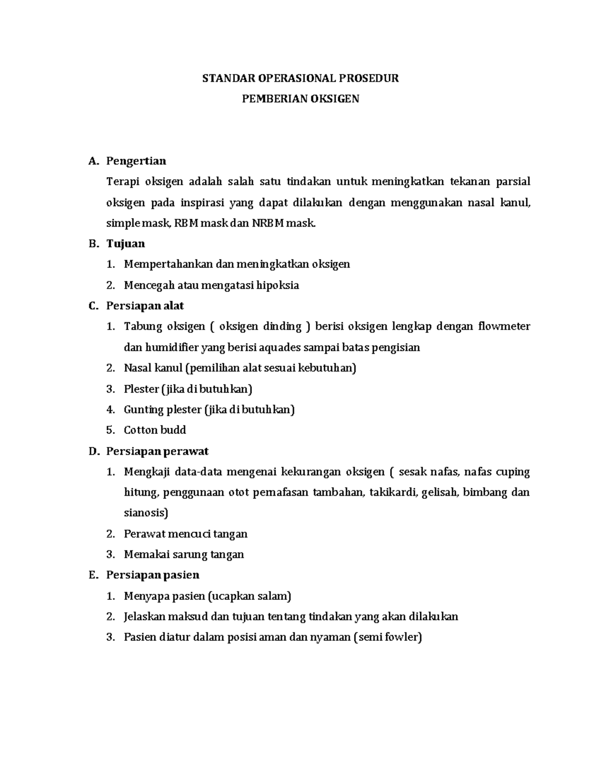 SOP Pemberian Terapi Oksigen: Prosedur dan Evaluasi Melalui SOP - Studocu