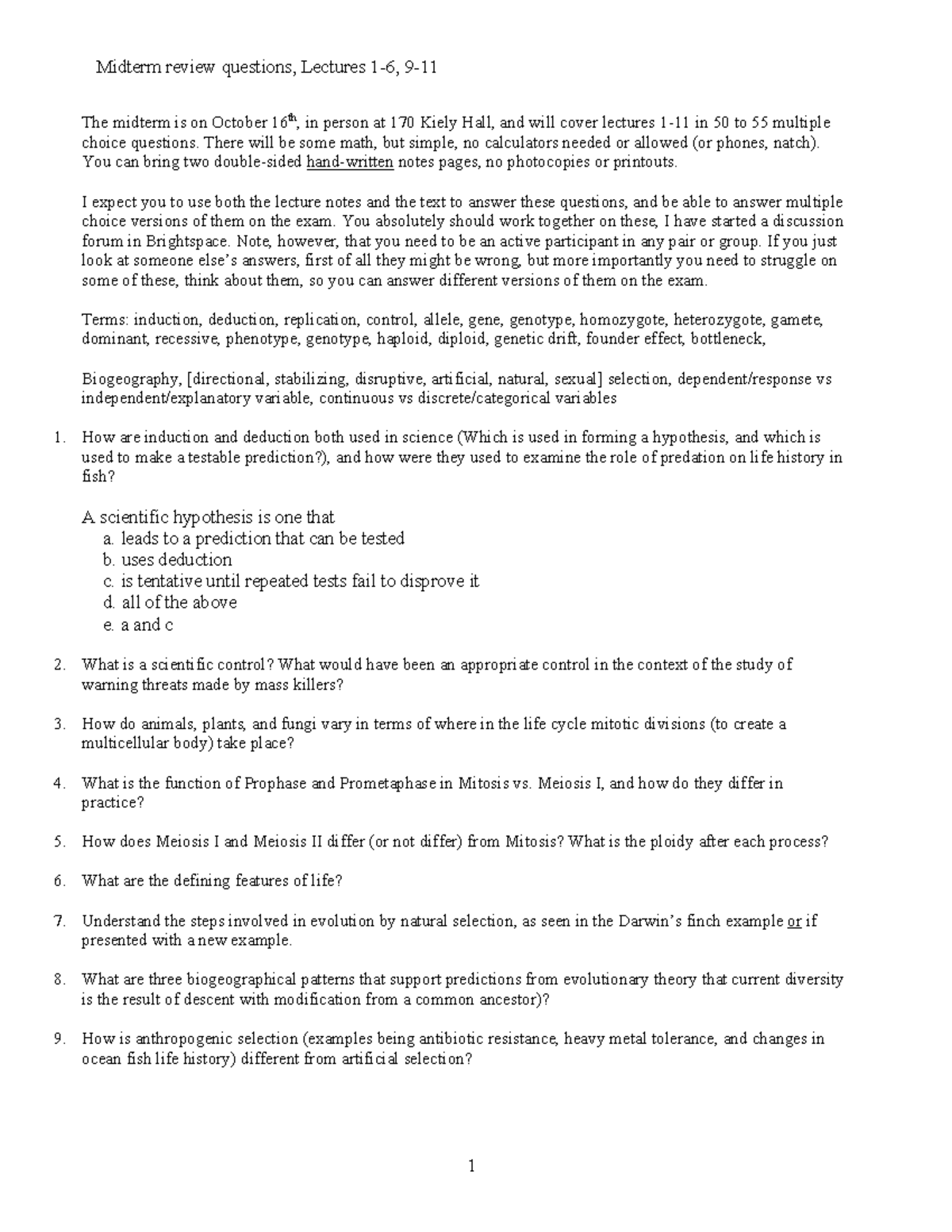 Midterm Review Questions for Biology F25: Lectures 1-11 - Studocu