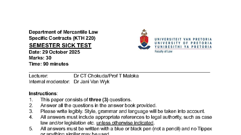 KTH 220 Specific Contracts Sick Test 2025 & Memorandum - Studocu
