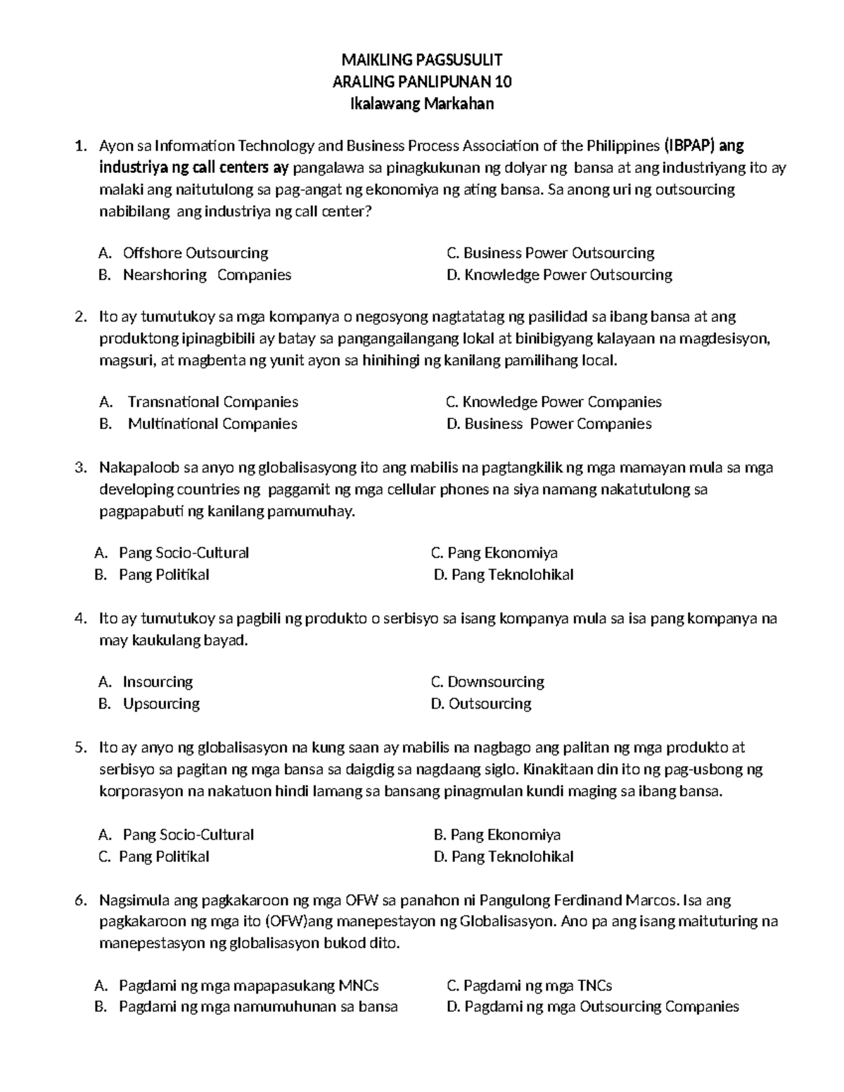 Maikling Pagsusulit sa AP 10: Ikalawang Markahan - Studocu