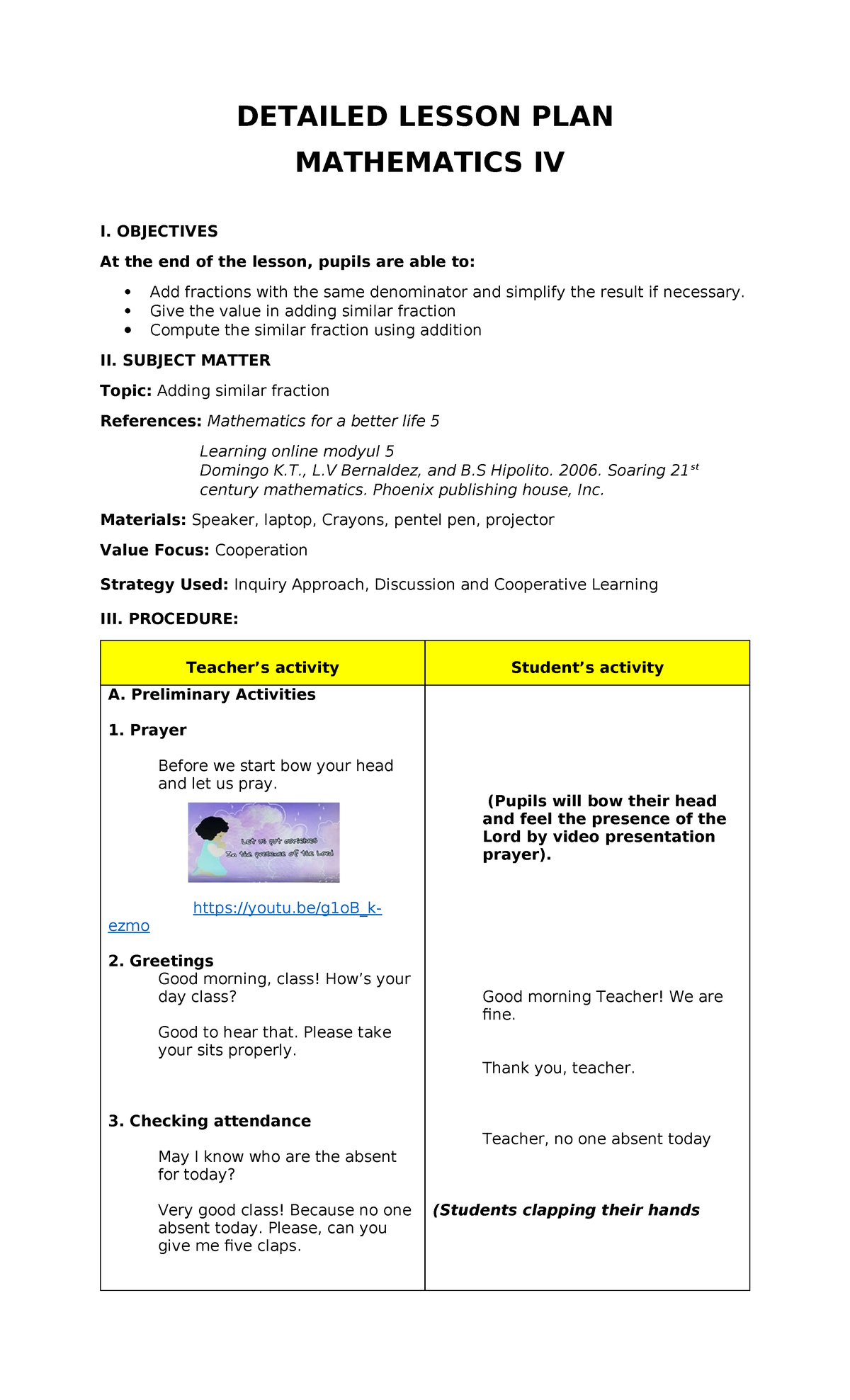 Math 4 Final Lesson Plan: Adding Similar Fractions - Studocu