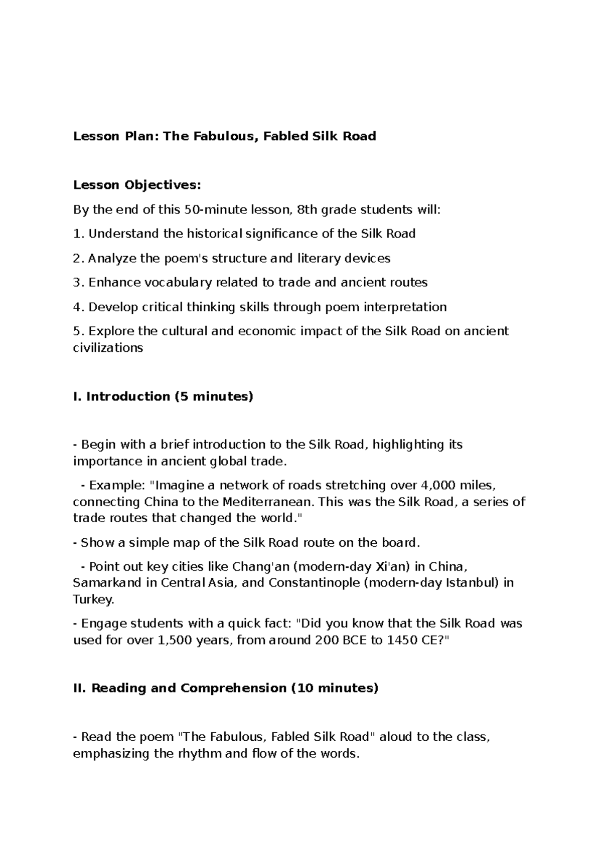 POEM 1 - Lesson Plan on 'The Fabulous, Fabled Silk Road' - Studocu