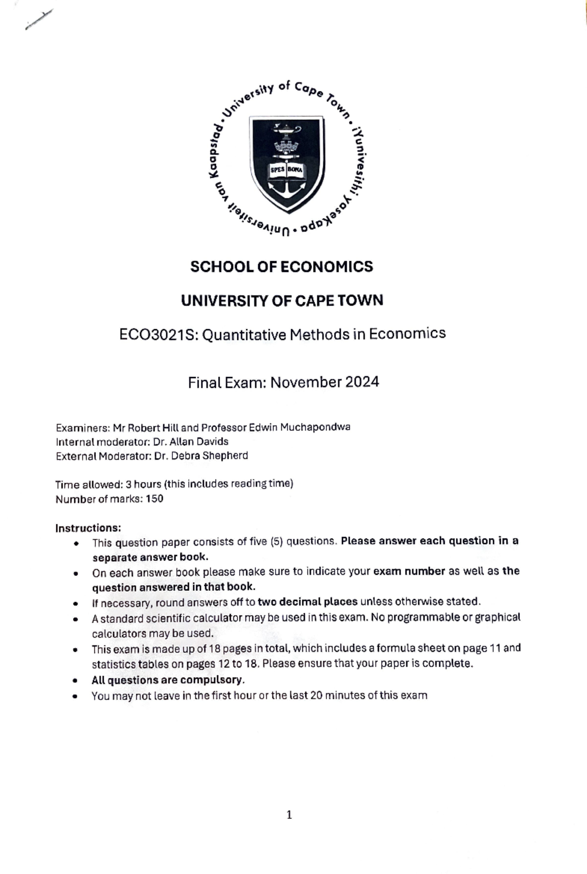 ECO3021S Exam 2024 - SCHOOLOFECONOMICS UNIVERSITYOF CAPETOWN ECO3021S ...