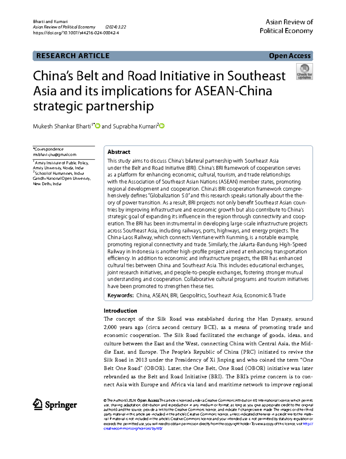 Belt and Road Initiative (BRI) in Southeast Asia: Strategic ...