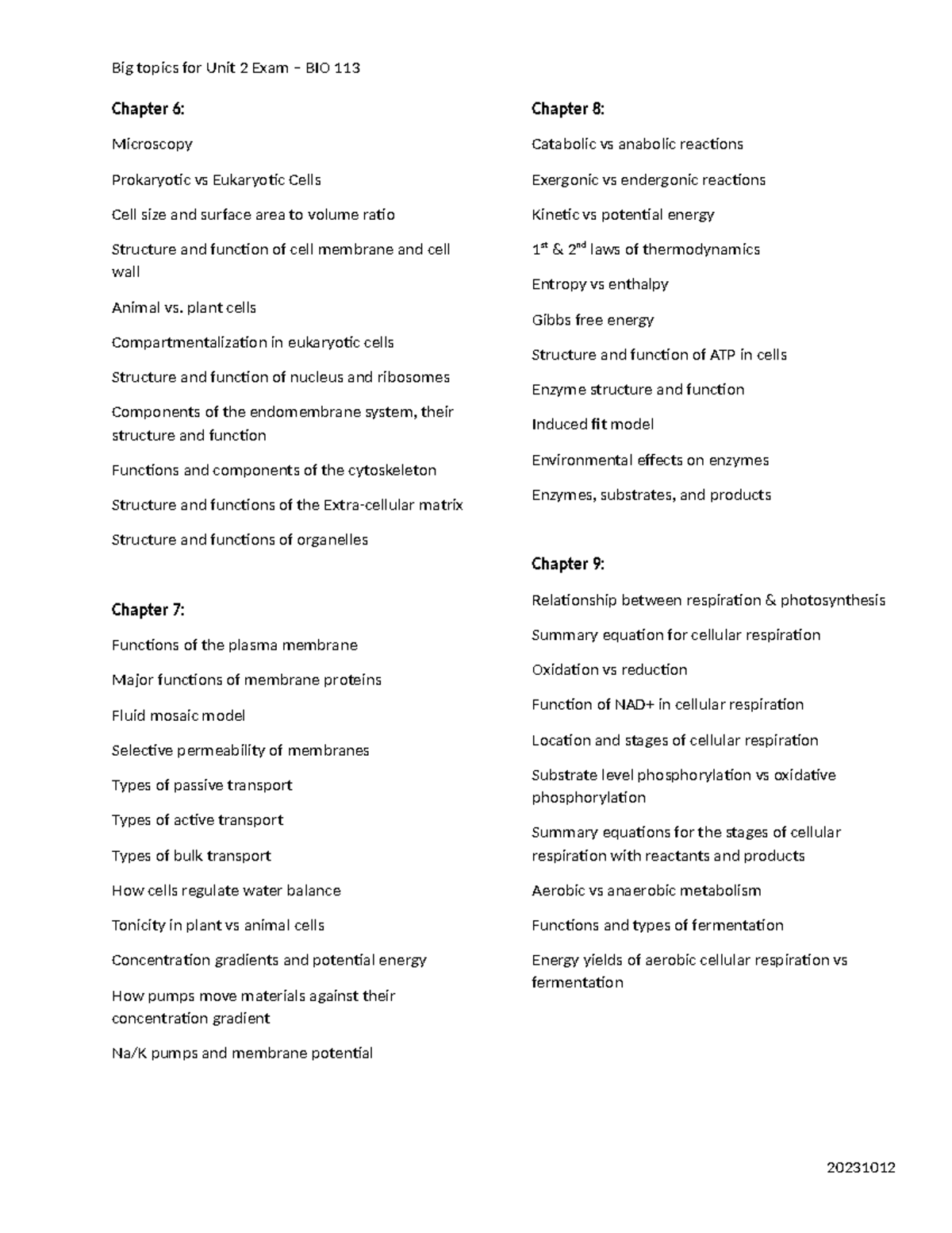 Unit 2 Exam Review: Key Topics for BIO 113 on Cells & Energetics - Studocu