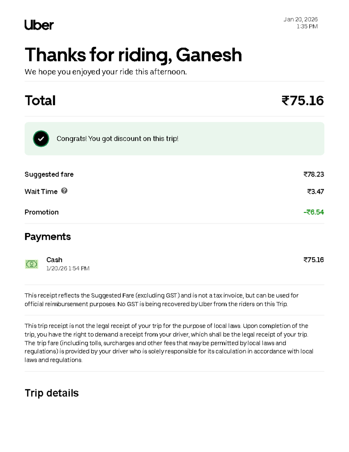 Receipt for Uber Trip on Jan 20, 2026 - Trip Details - Studocu
