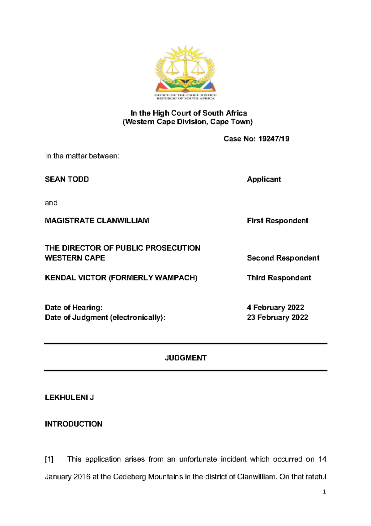 Inquest Review - Sean Todd v. Magistrate Clanwilliam (Case No: 19247 ...