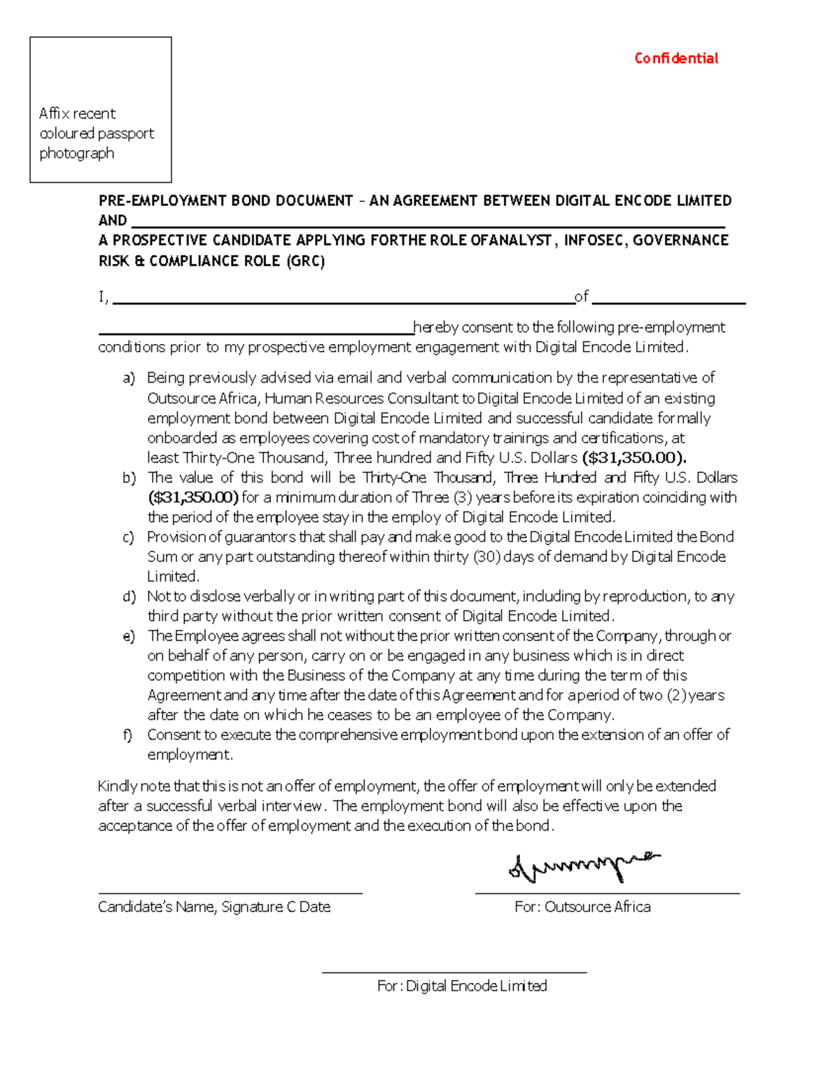 Pre-Employment Bond Agreement for GRC Analyst Role - Digital Encode ...