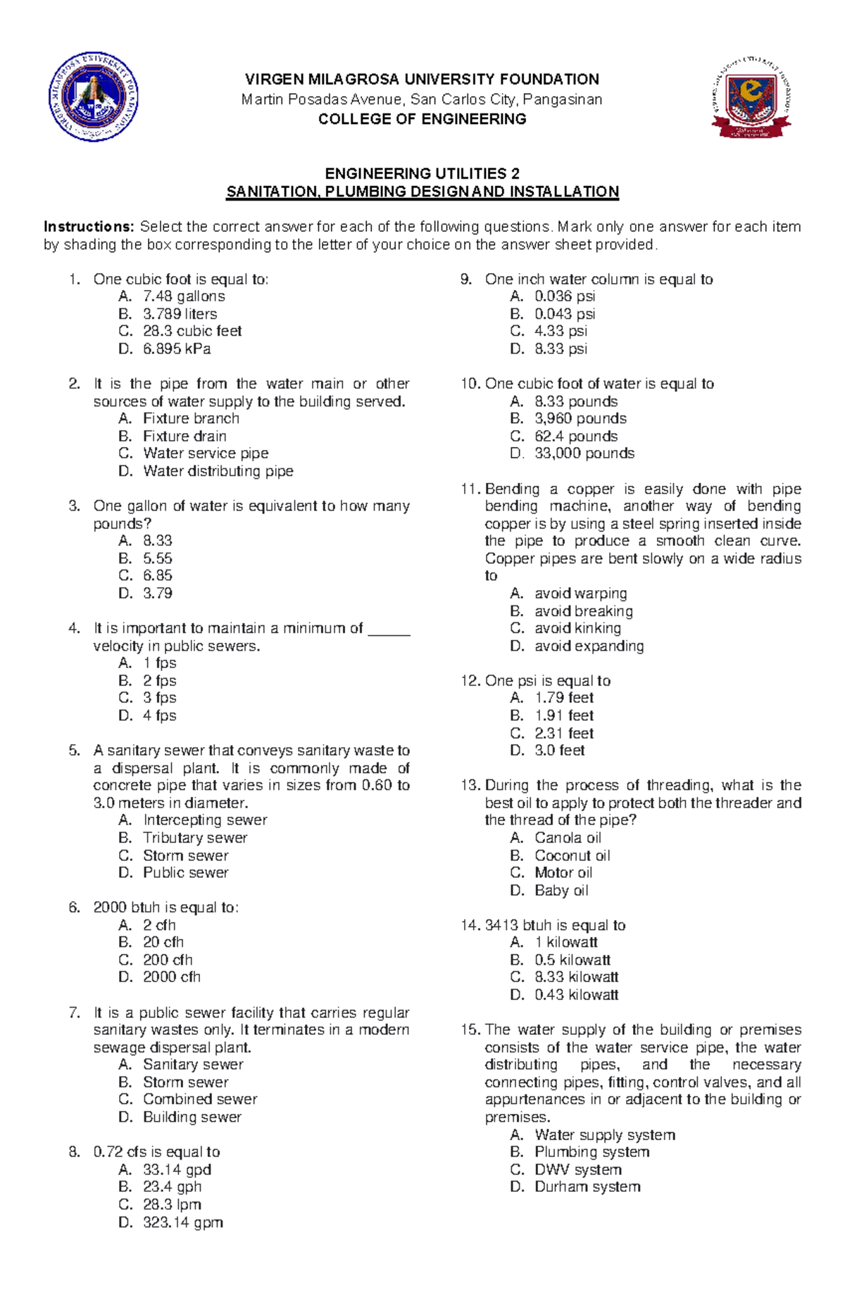 Engineering Utilities 2 - Sanitation & Plumbing Design Quiz - Studocu