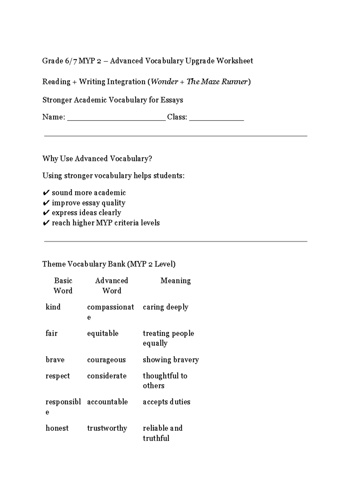 Grade 6-7 MYP 2 Advanced Vocabulary Upgrade Worksheet - Studocu