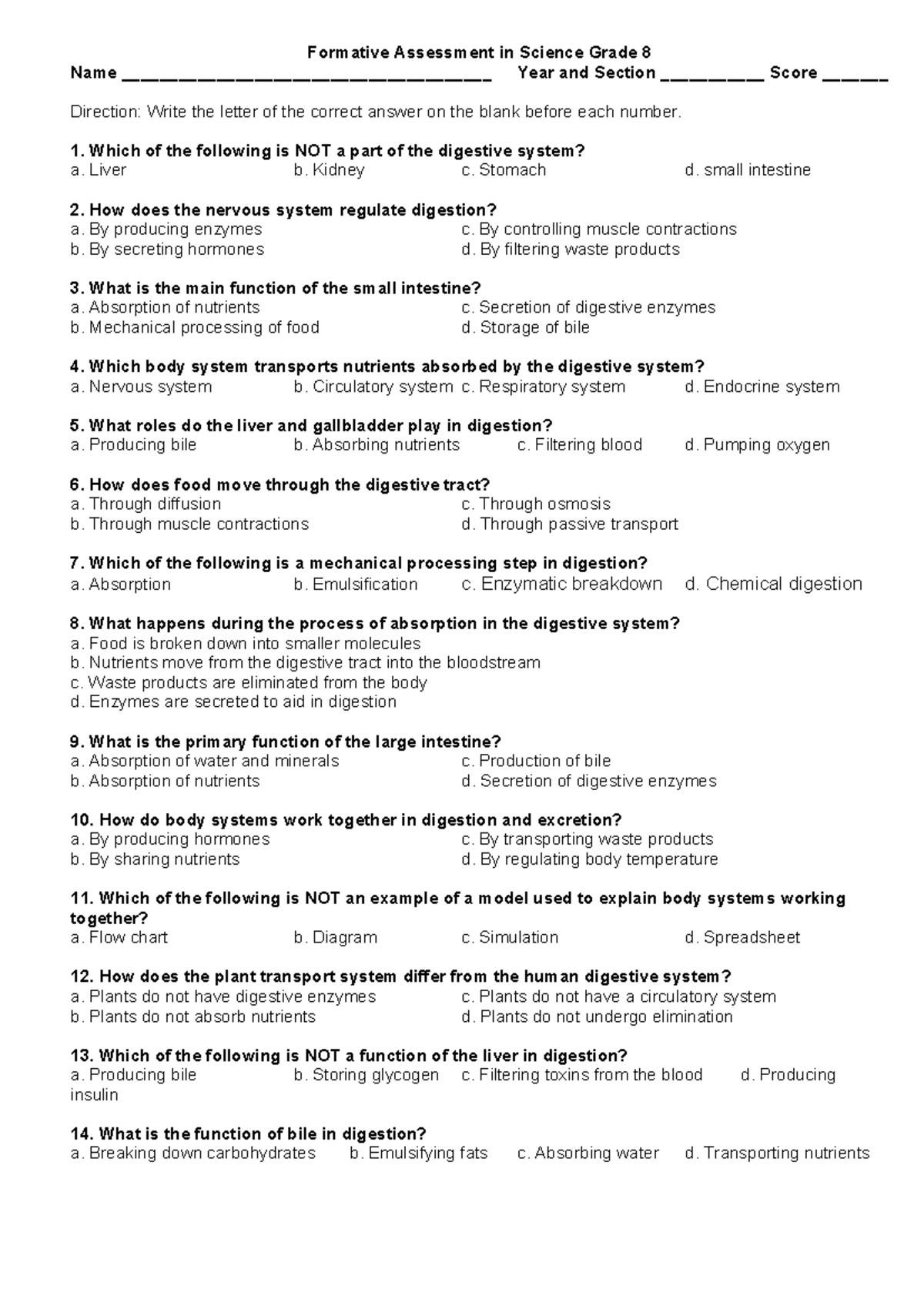 Formative Assessment: Science Grade 8 Digestive System Quiz - Studocu