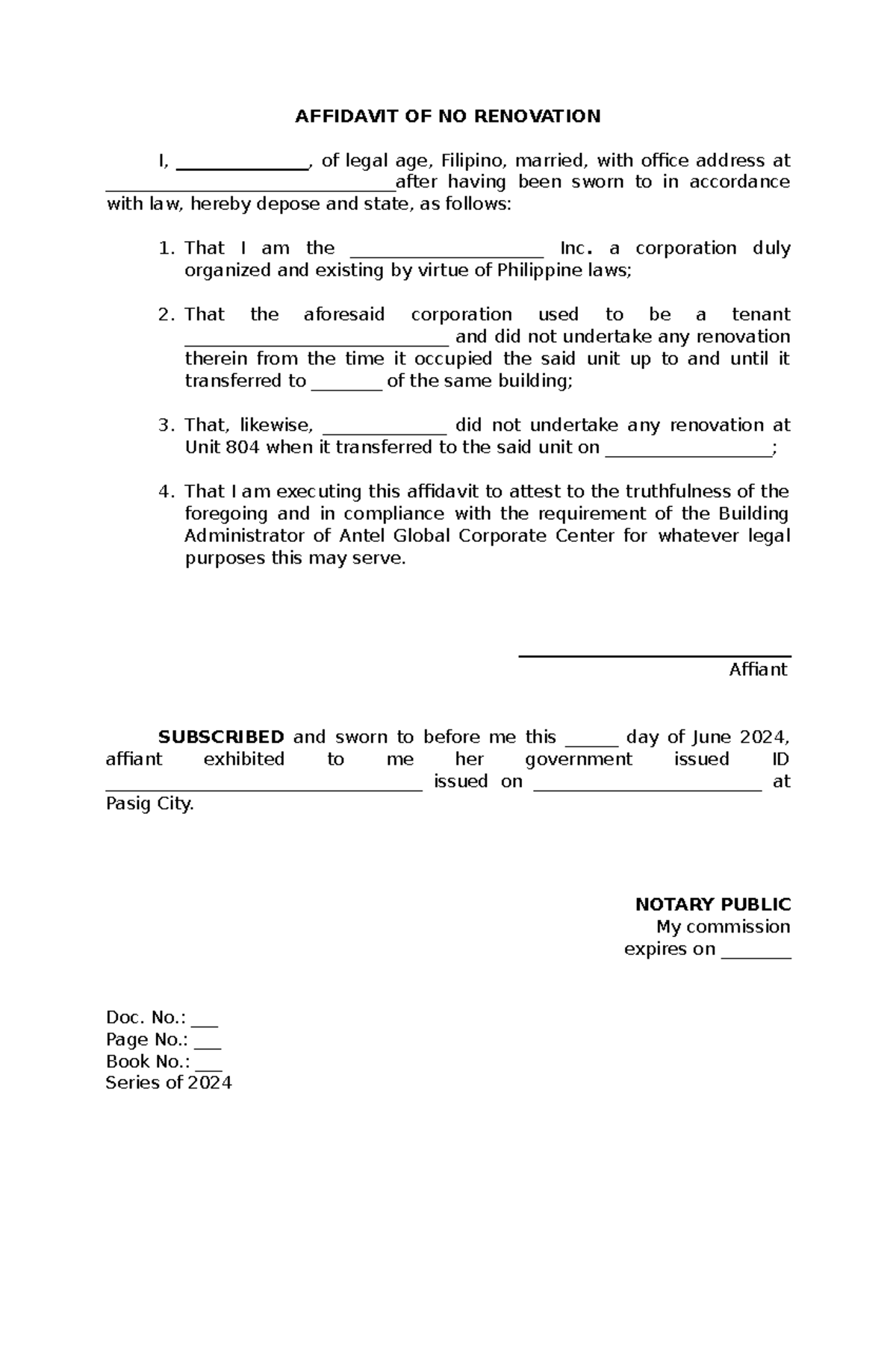 Affidavit of No Renovation for Antel Global Corporate Center - Studocu