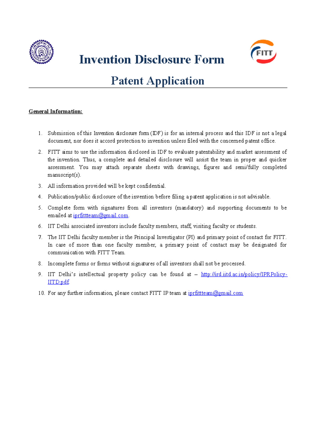 Invention Disclosure Form for Patent Application - IIT Delhi - Studocu