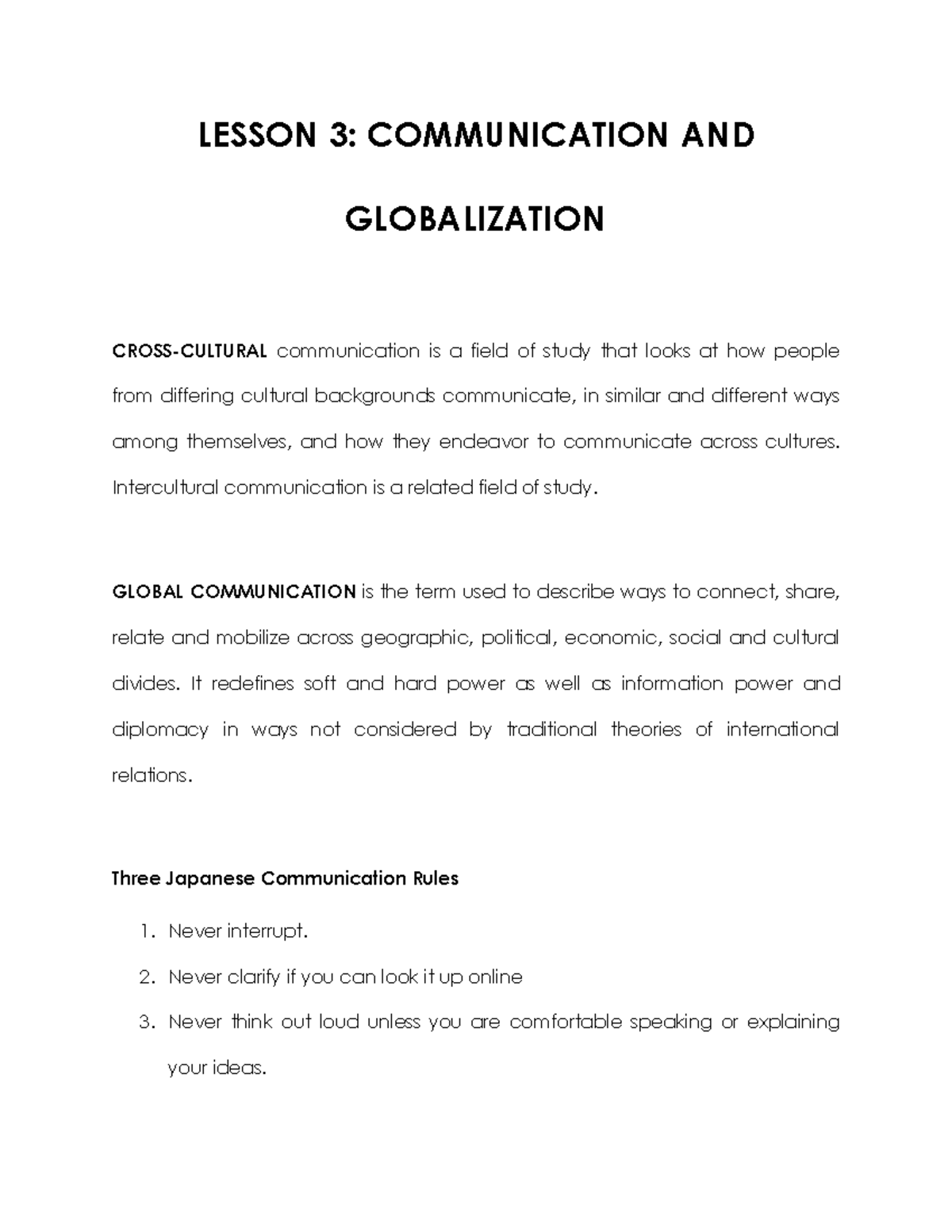Lesson 3: Cross-Cultural Communication & Globalization Insights - Studocu