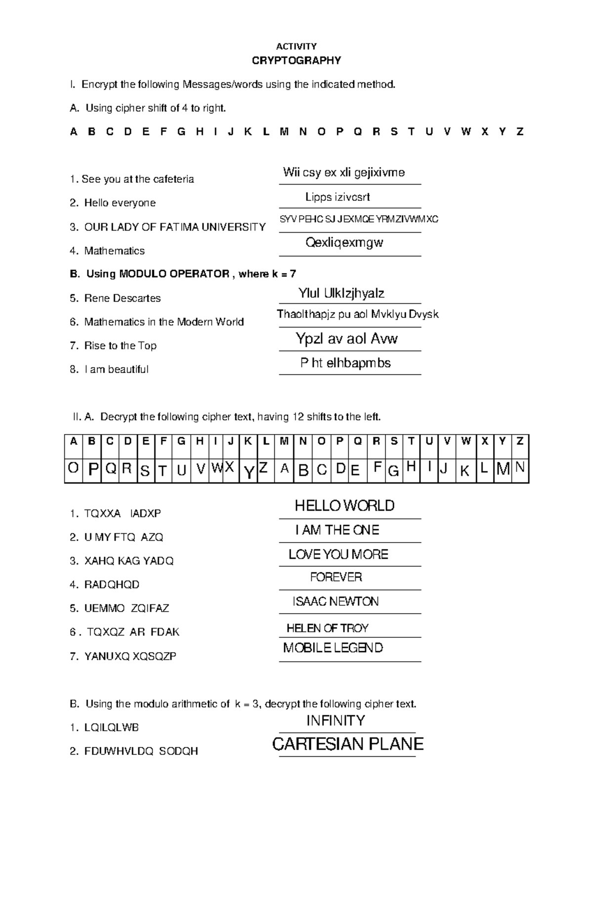 CRYPTOGRAPHY ACTIVITY: Encryption & Decryption Exercises - Studocu