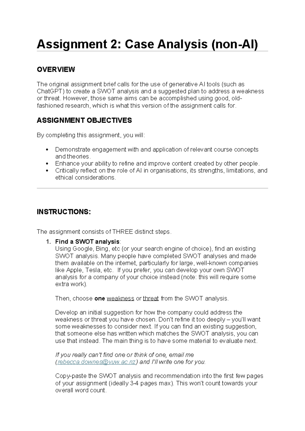 Assignment 2: Non-AI SWOT Analysis & Reflection on AI in MGMT101 - Studocu