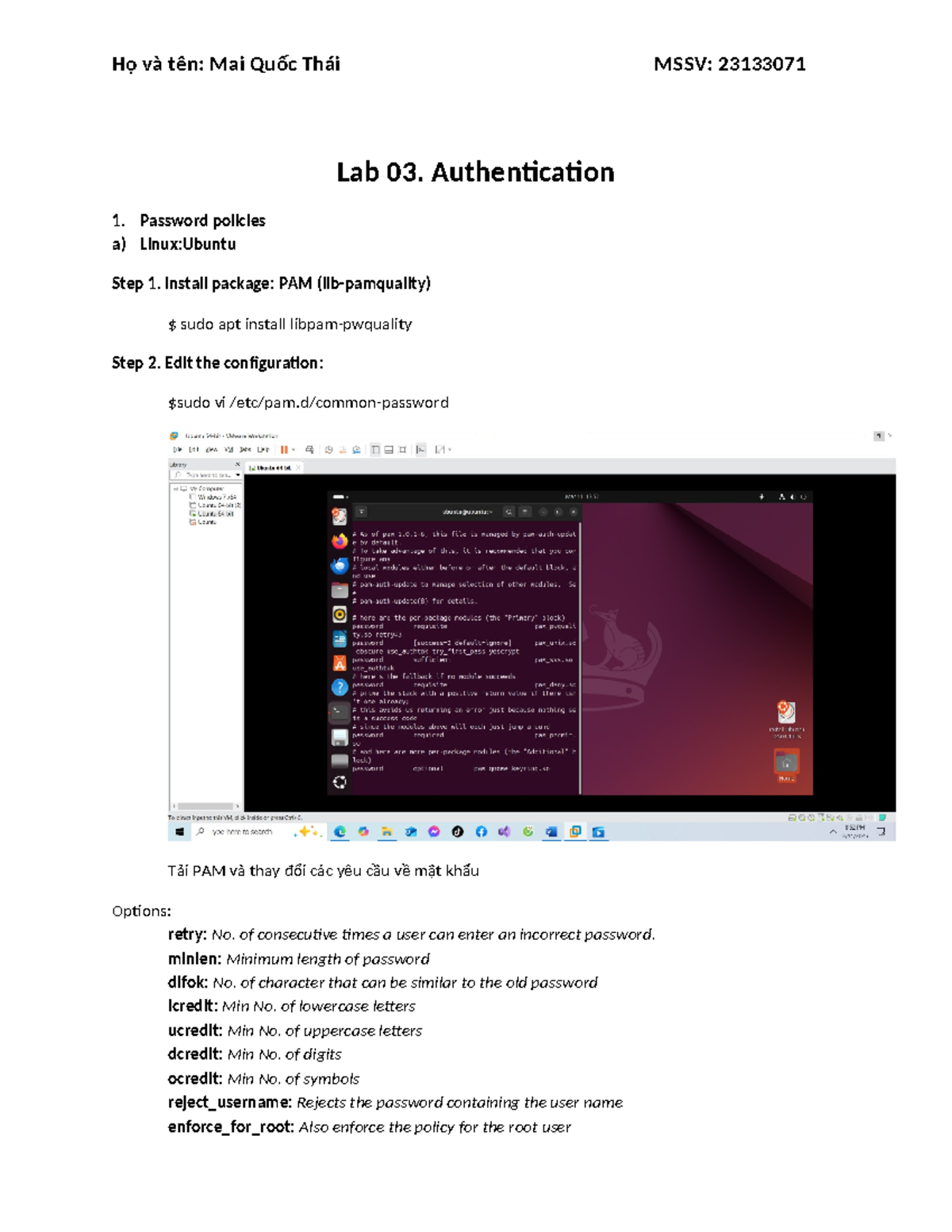 23133071 Mai Quoc Thai lab3 - Họ và tên: Mai Quốc Thái MSSV: 23133071 Lab 03. Authentication 1 ...