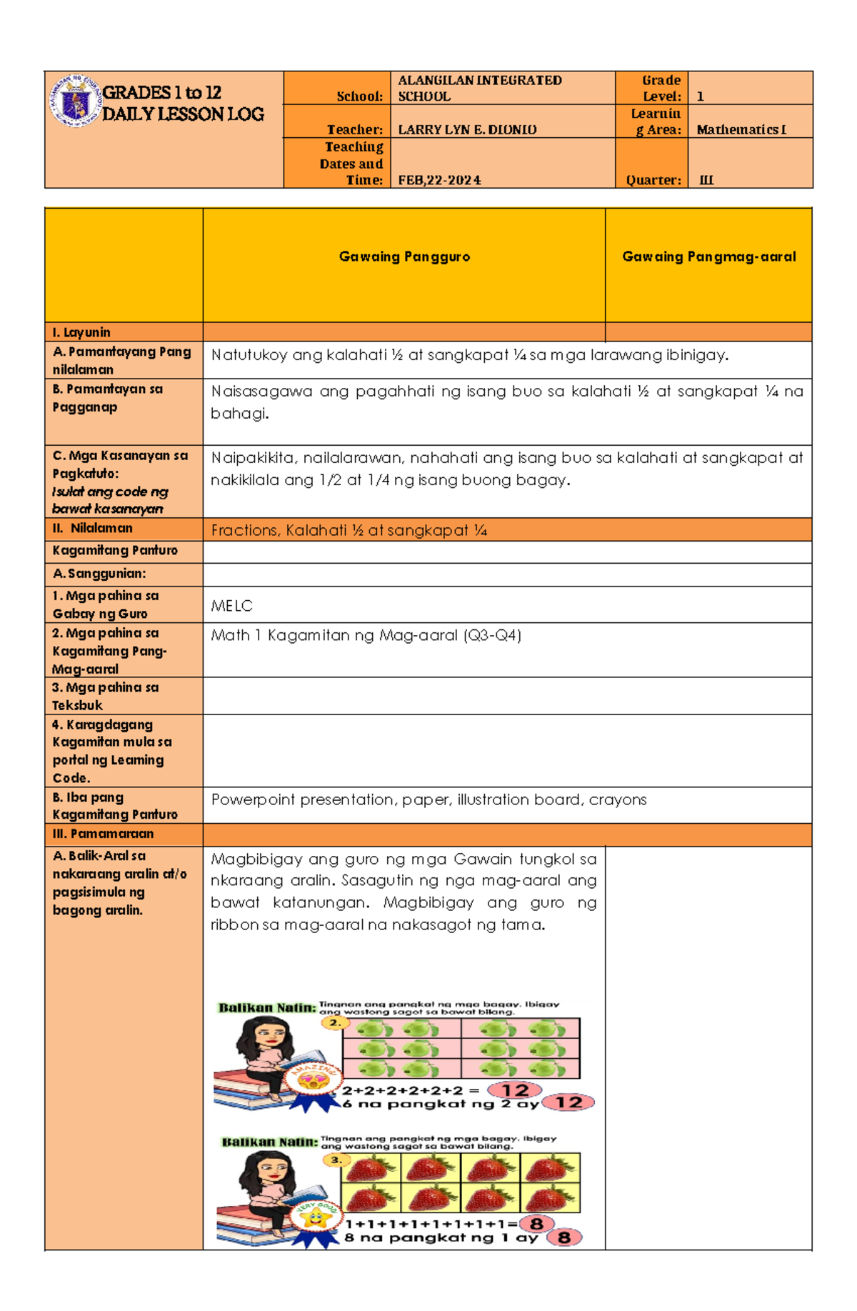 Q3-Math-Fraction Lesson Log for Grades 1-12 at Alangilan IS - Studocu
