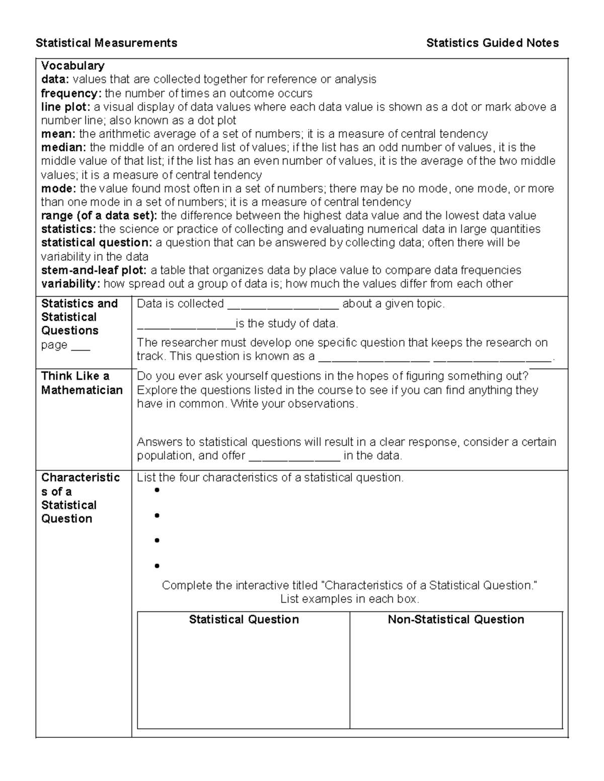 Statistics Guided Notes (Grade 6 FLVS) - Key Concepts & Vocabulary ...