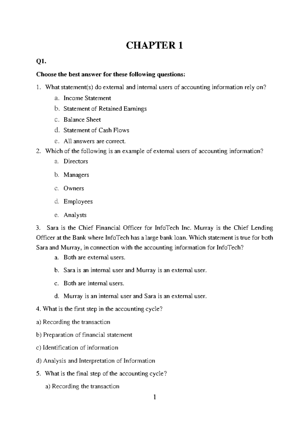 CHAPTER 1 QUESTIONS & ANSWERS - ACCOUNTING 101 - Studocu