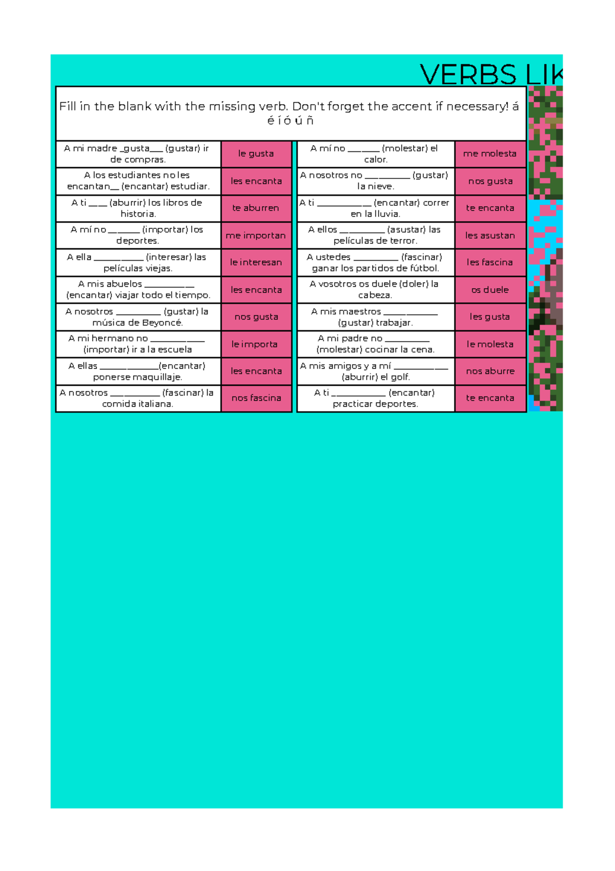 Vocabulario de Verbos Como Gustar: Actividades y Ejercicios - Studocu